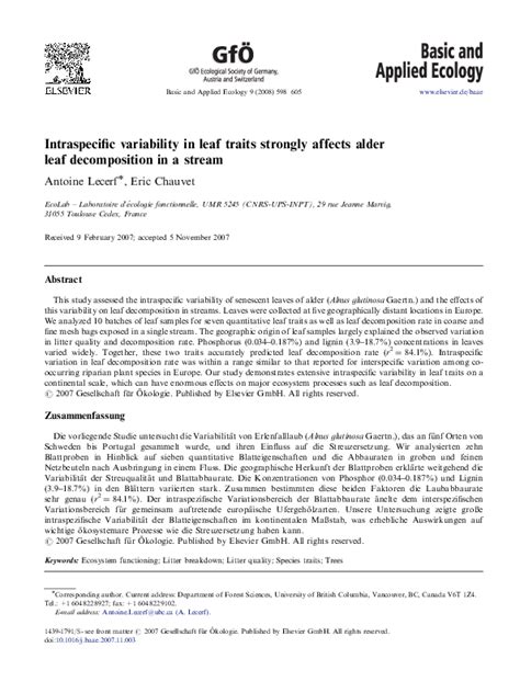 Pdf Intraspecific Variability In Leaf Traits Strongly Affects Alder Leaf Decomposition In A Stream