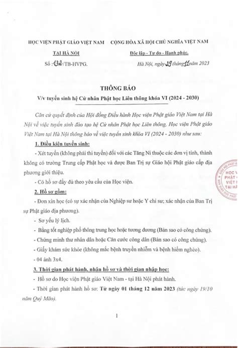 Học viện PGVN tại Hà Nội thông báo tuyển sinh hệ Cử nhân Phật học Liên