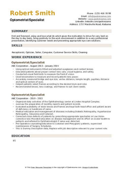 Optometry Resume Template