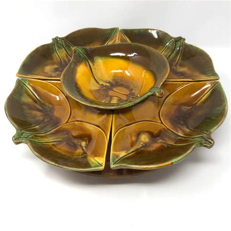Mid Century 6 Piece Drip Glaze Ceramic Lazy Susan Party Server Ld706