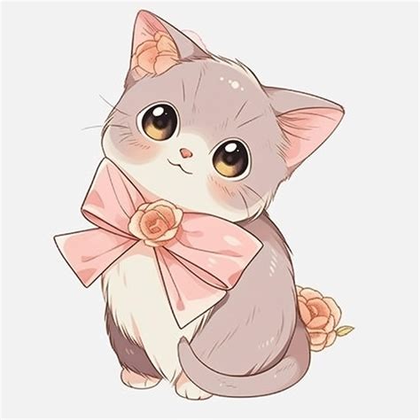 Un Gato De Dibujos Animados Con Un Lazo Y Flores El Gato Lleva Un Lazo Rosa Foto Premium
