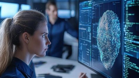 Woman Programmer Looking At Computer Screen With Data Visualization