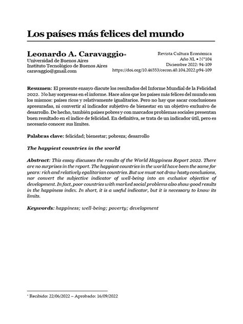 Los Países Más Felices Del Mundo Caravaggio Pdf Felicidad