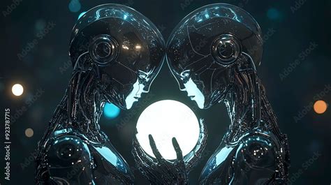 Futuristic Robots Face Each Other Holding A Glowing Orb Symbolizing