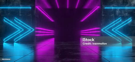 미래 과학 Fi 반사 어두운 콘크리트 룸과 보라색과 파란색 네온 조명과 가리키는 화살표 3d 렌더링 터널 0명에 대한 스톡 사진 및 기타 이미지 Istock
