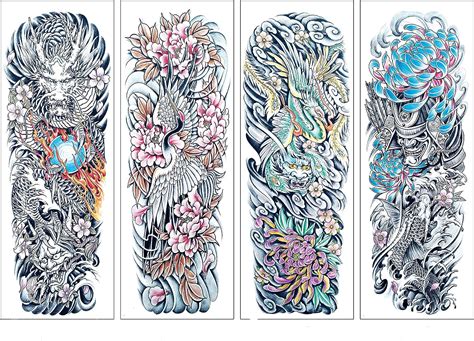4 Fogli Tatuaggi Temporanei Braccio Pieno Drago Fiore Uccello 17x48cm