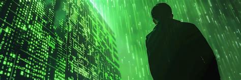 Hacker In A Dimly Lit Room With Green Screens Reflecting Data And Code