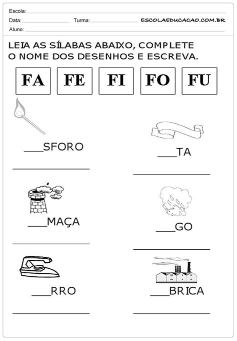 Atividades a letra F Leia as sílabas Escola Educação