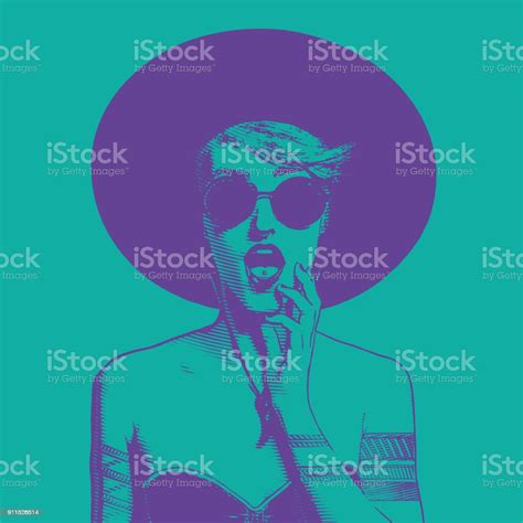 놀란된 표정으로 유행 젊은 여자의 울트라 바이올렛 라인 아트 그림 일러스트레이션에 대한 스톡 벡터 아트 및 기타 이미지