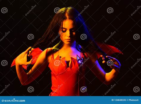 Lady Sexi Dressed As Demon Devil White Background Devil Concept Demon Girl With Long Hair