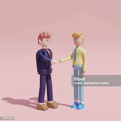 비즈니스 핸드셰이크의 3d 그림 귀여운 만화 웃는 남자와 수염을 기른 사업가가 서서 악수하고 있다 성공적인 거래 거래 개념 3