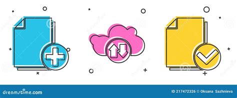 Set Add New File Cloud Download And Upload And Document And Check Mark