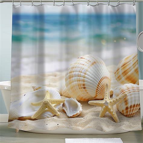 Seashell And Starfish Beach Theme Shower Curtain Stunning Realistic Art