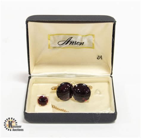 Vintage Red Gem Cufflinks Tie Pin Anson