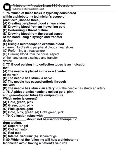 Phlebotomy Practice Exam With 150 Verified Questions And Correct