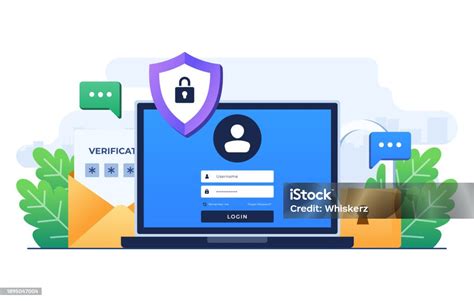 2 단계 인증 평면 일러스트레이션 벡터 템플릿 Otp 인증 비밀번호 보안 웹 사이트 계정 로그인을위한 일회용 비밀번호 노트북 화면의 로그인 페이지 가입서에 대한 스톡 벡터