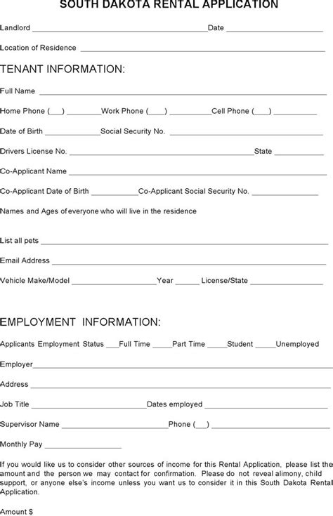 Free South Dakota Rental Application Form Doc KB Page S Rental Application South