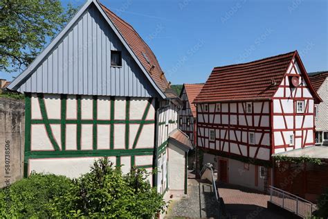 Historische Fachwerkhäuser In Der Altstadt Von Bad Orb In Hessen Stock