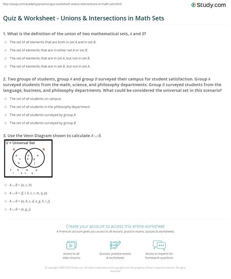 Quiz Worksheet Unions Intersections In Math Sets Study