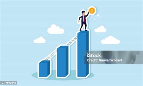 한 사업가가 달러 동전을 들고 그래프의 꼭대기에 서 있는데 이는 사업 이익을 달성하기 위한 기업가의 투쟁을 보여줍니다 개발에