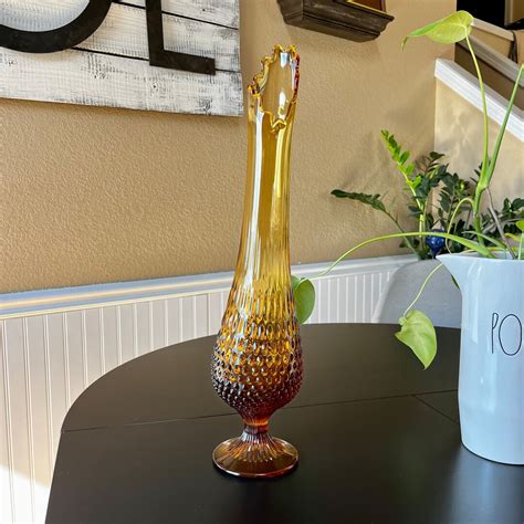 Vintage Fenton Glass Hobnail Amber 20 Swung Vase Mcm Etsy