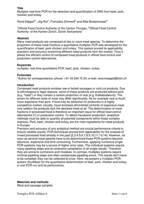 Pdf Multiplex Real Time Pcr For The Detection And Quantification Of Dna From Beef Pork