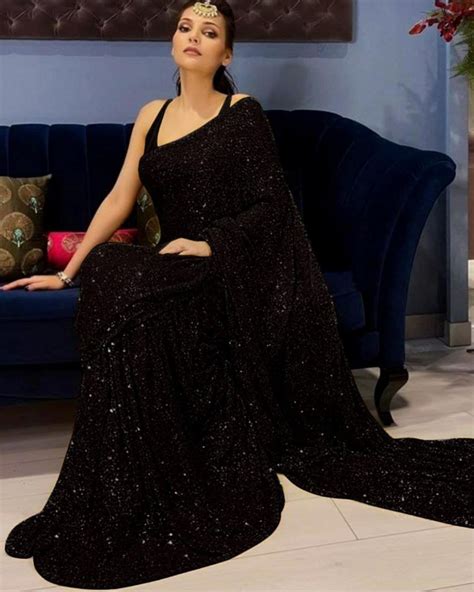 Buy Black Georgette Sequence Work Saree With Blouse