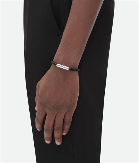 Mens Braid Leather Bracelet In Black Bottega Veneta Us