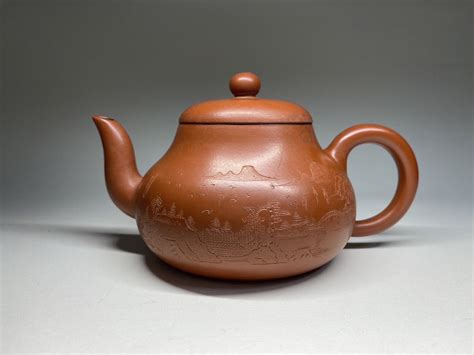 【やや傷や汚れあり】6 収集家保管品 煎茶道具 唐物 山水漢詩刻 朱泥急須 八湖水平孟臣 紫砂壷 在銘検索中国美術 古玩 紫泥 茶器 古玩