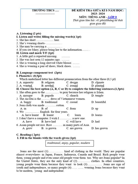 De Thi Giua Ki 1 Anh 9 De 2 Pdf Clothing Fashion
