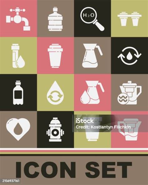 필터가 있는 물 주전자 깨끗한 아쿠아 재활용 H2o용 화학식 카트리지 시험관 물방울 탭 및 주전자 유리 아이콘을 설정합니다 벡터