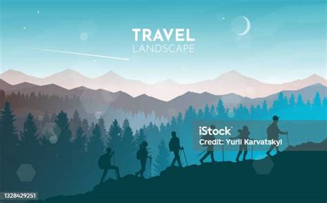 팀워크 등반가들이 산을 올라간다 하이킹 모험 자연을 발견하고 탐험하고 관찰하는 여행 개념 다각형 미니멀 그래픽 플랫 디자인 벡터 그림입니다 하이킹에 대한 스톡 벡터 아트 및