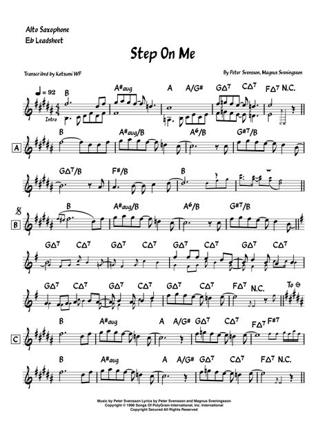 Step On Me Arr Katsumi Wf By The Cardigans Sheet Music For Alto Sax Solo At Sheet Music Direct