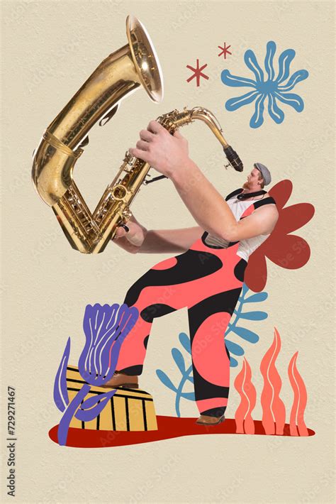 Artistic Man Playing Giant Saxophone Over Abstract Floral Background