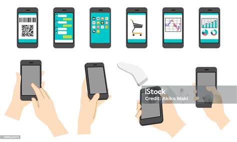 다양한 응용 프로그램 화면과 손 작동 스마트 폰을 표시하는 스마트 폰의 일러스트 세트 Brand Name Smart Phone에 대한 스톡 벡터 아트 및 기타 이미지