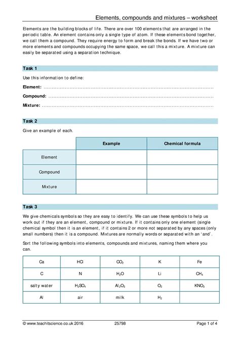 Elements Compound And Mixture Worksheets