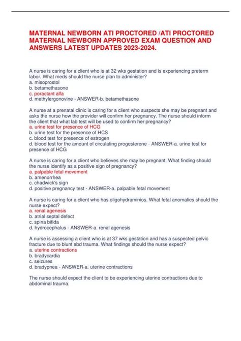 MATERNAL NEWBORN ATI PROCTORED ATI PROCTORED MATERNAL NEWBORN APPROVED EXAM QUESTION AND
