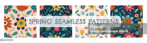 봄 원활한 꽃 패턴 세트입니다 귀여운 꽃과 잎을 간단한 스케치 스타일로 표현합니다 직물 카드 스케치북 커버 포장지 배경에 대 한 벡터 일러스트 레이 션 0명에 대한 스톡