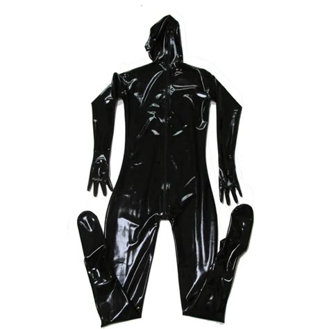 Solid Black Latex Men Catsuit Rubber Coverall Zentai Bodysuit With Hood