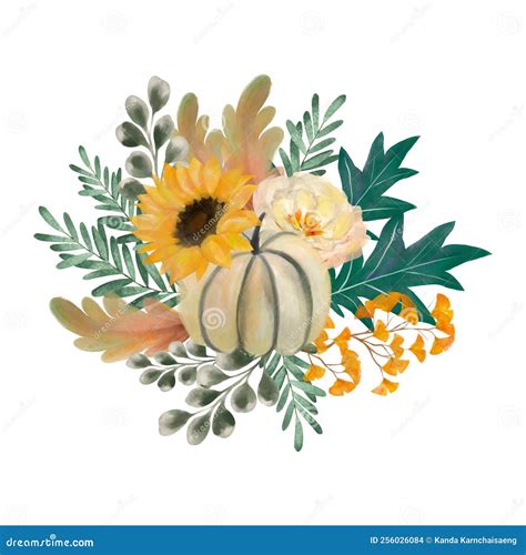 Watercolor Autumn Fall Leaves Plant And Pumpkins Elements Isolated
