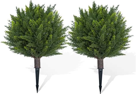 244 Artificial Cedar Topiary Ball Trees Set Of 2 Faux Cypress Plants