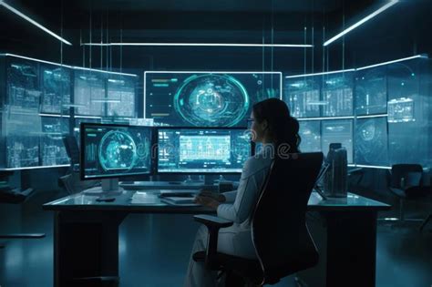 Futuristic Workstation With Multiple Monitors Displaying Data Stock