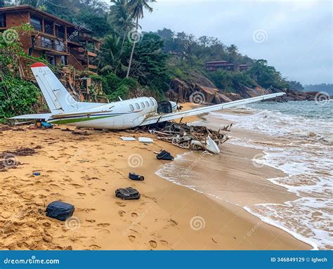 Wreckage Of A Small Plane On A Beach With Overcast Stock Image Image