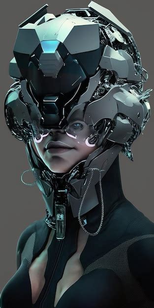 머리에 하이테크 사이보그 로봇 여자 공상 과학 헬멧의 초상화 Generative Ai 프리미엄 사진