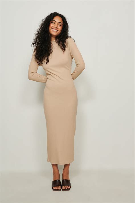 High Neck Long Sleeved Midi Rib Dress Beige Na Kd