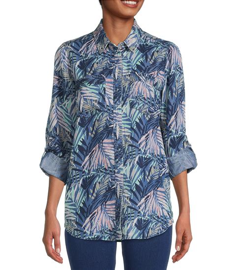 Intro Palm Print Lyocell Slub Point Collar Long Roll Tab Sleeve Shirt