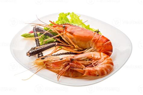 Giant Freshwater Prawn And King Prawns On The Plate And White