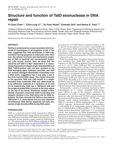 Pdf Structure And Function Of Tatd Exonuclease In Dna Repair