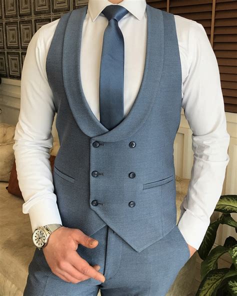 Blue Slim Fit Peak Lapel Suit For Men By