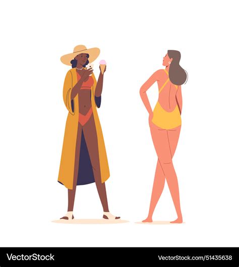 Two Cartoon Women In Swimsuits Enjoying A Sunny Vector Image